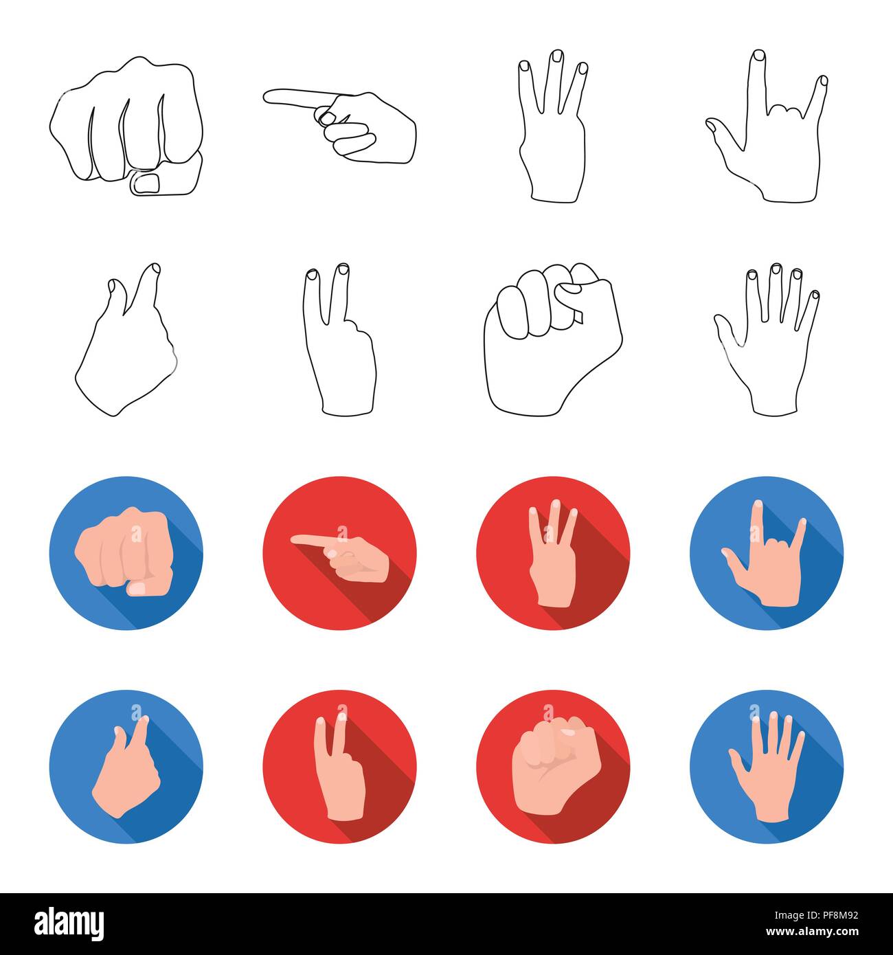 Open fist, victory, miser. Hand gesture set collection icons in outline ...
