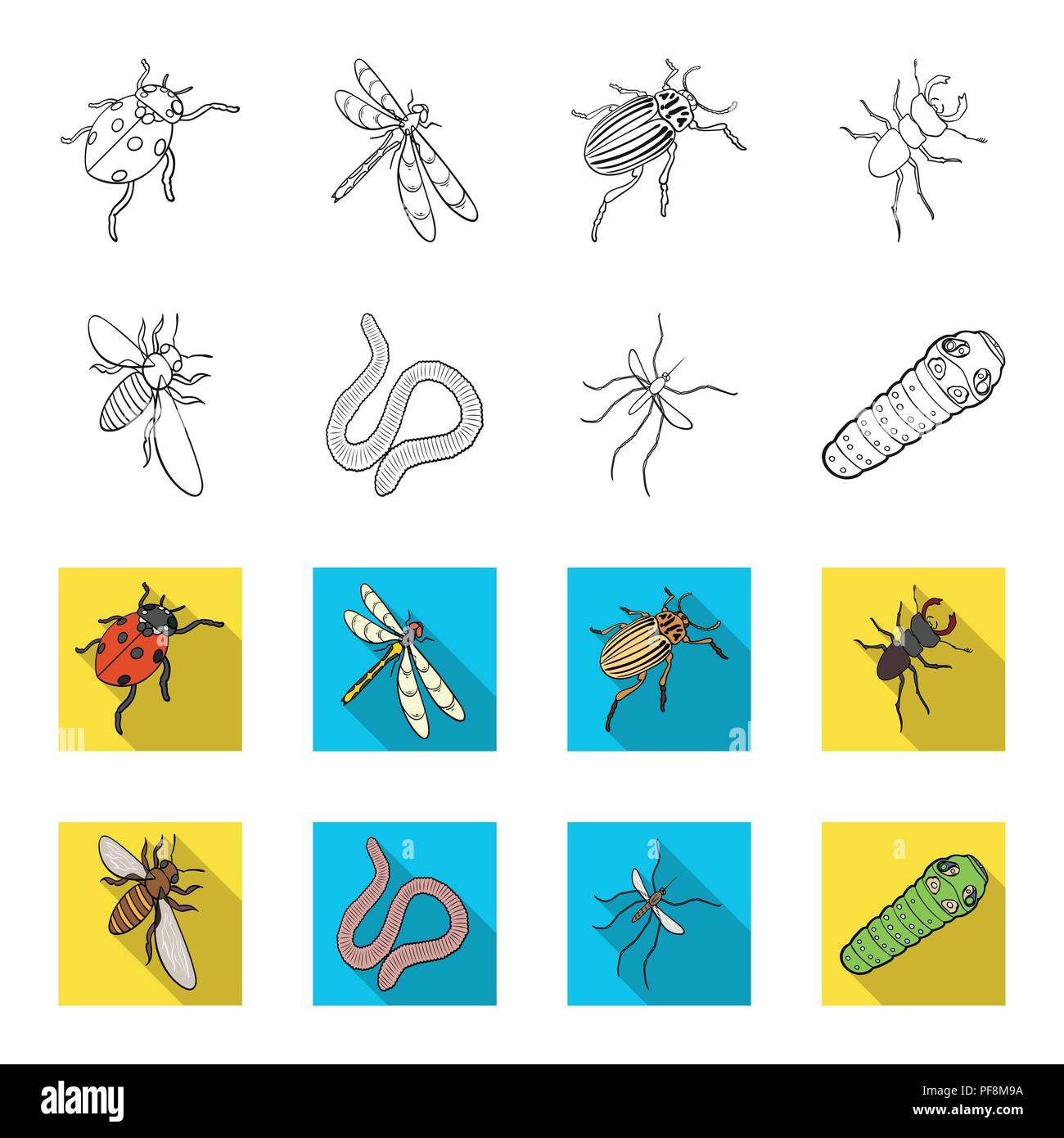 Arthropods insect mosquito, bee.Earth worm, caterpillar,vermicular set ...