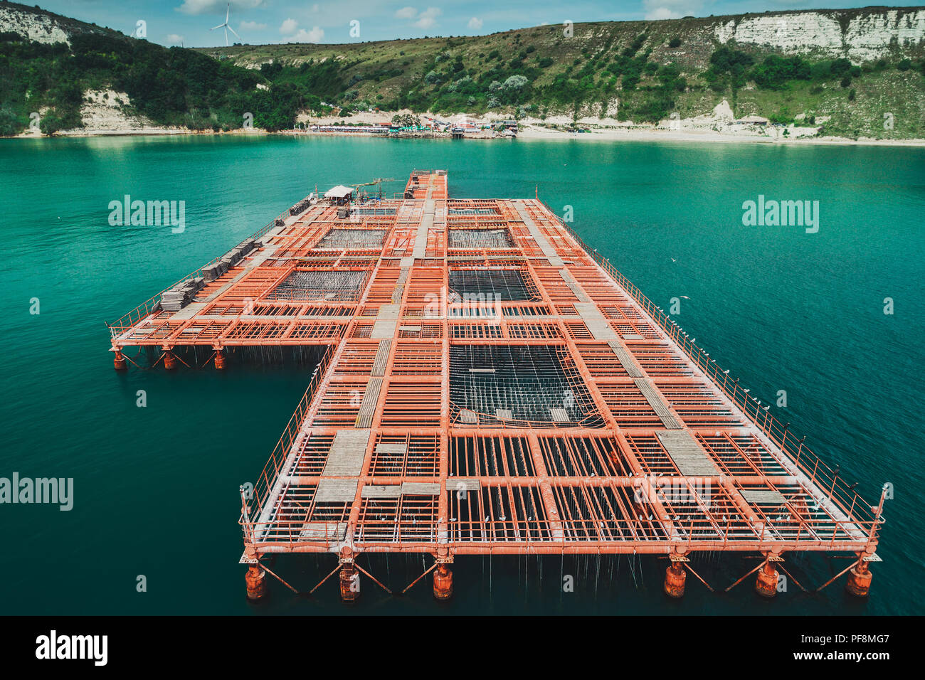 Aerial View of Farm on Cultivation of Seashells and beautiful bay in ...