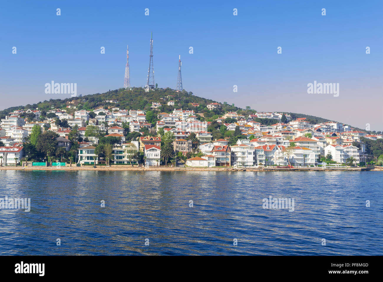 View of Kinaliada island from the sea with summer houses. One of four ...
