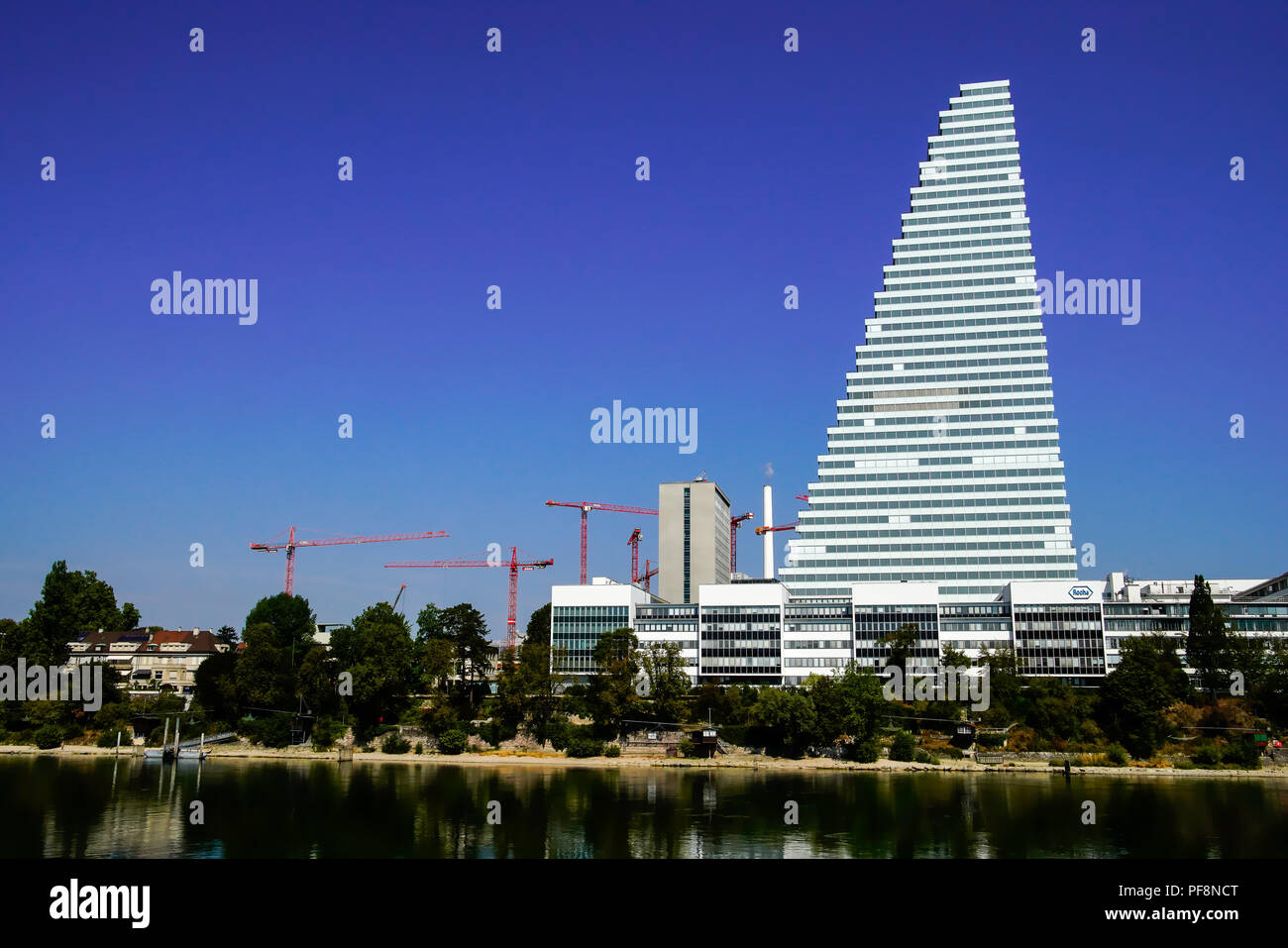 Rhine river in Basel and Roche building. Switzerland Stock Photo - Alamy