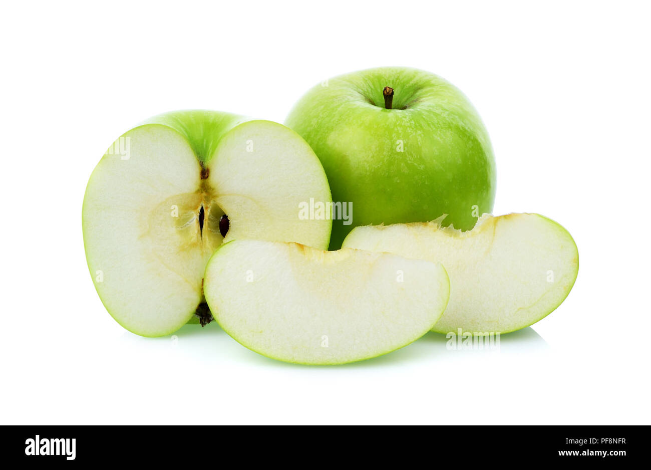 Ripe green apple and slice isolated on white background Stock Photo - Alamy