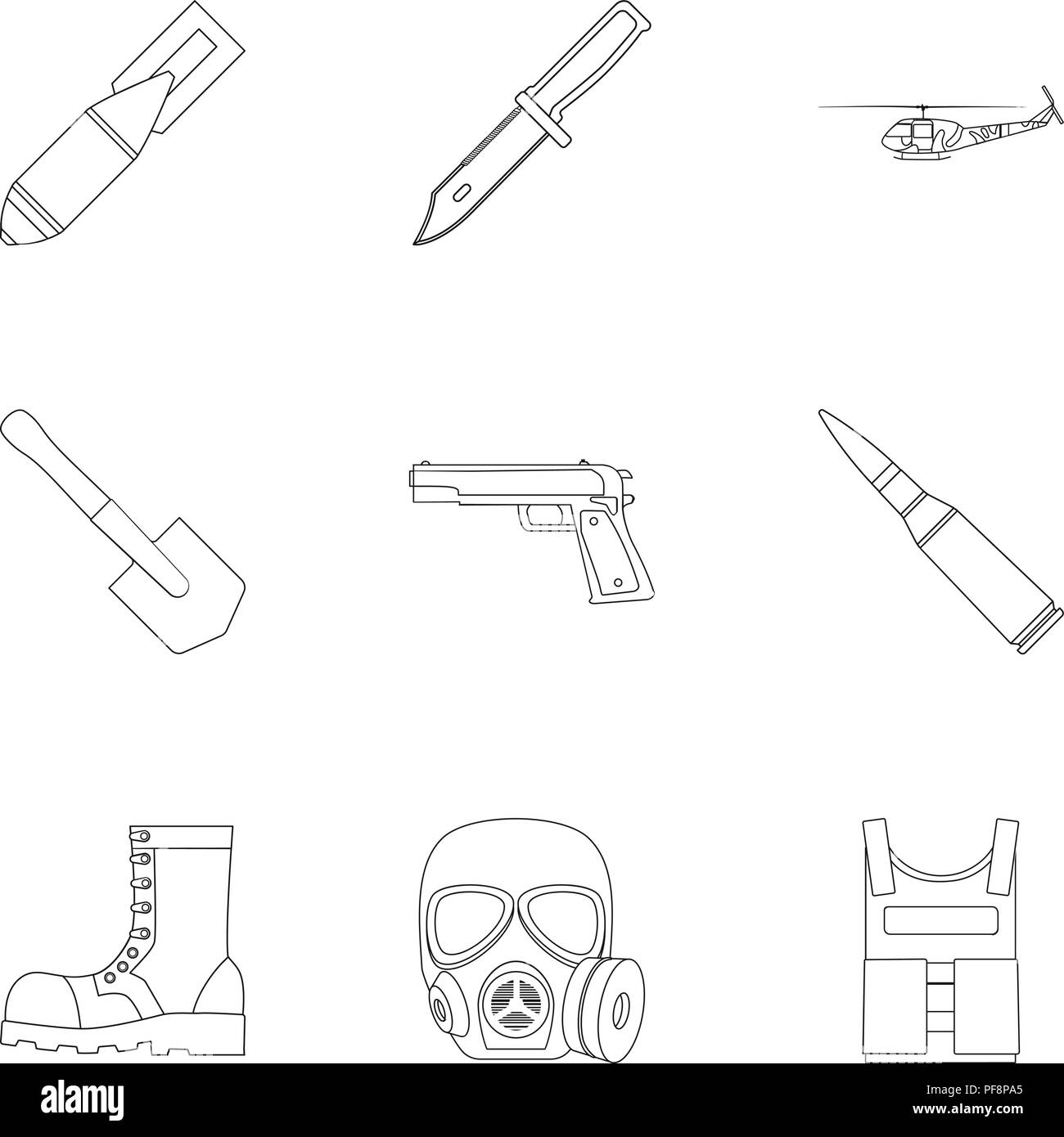 Military and army set icons in outline design. Big collection of ...