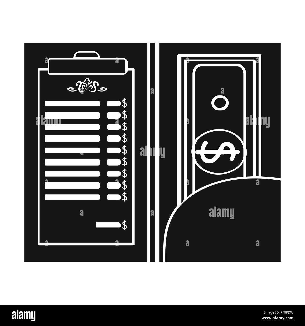 Restaurant receipt with cash icon in black style isolated on white ...