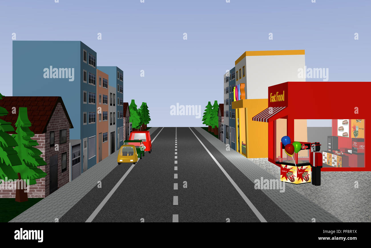 Street view with shops, houses, cars and popcorn stand. 3d rendering ...