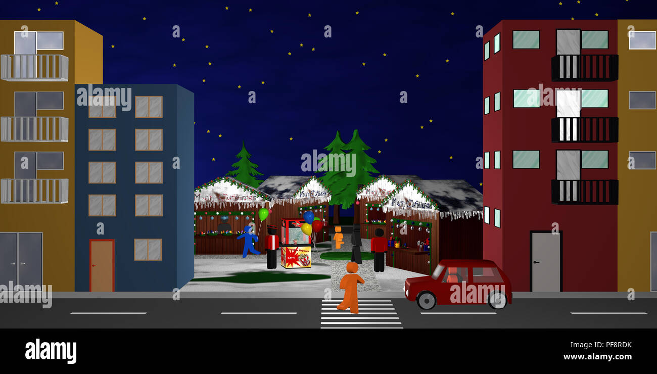 Cityscape with a view of a Christmas market. 3d rendering Stock Photo ...