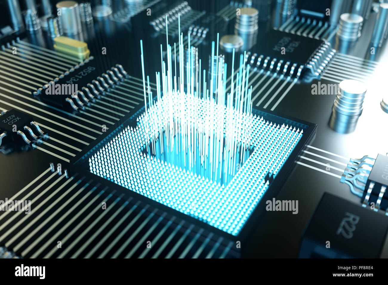 3D illustration computer chip, a processor on a printed circuit board ...