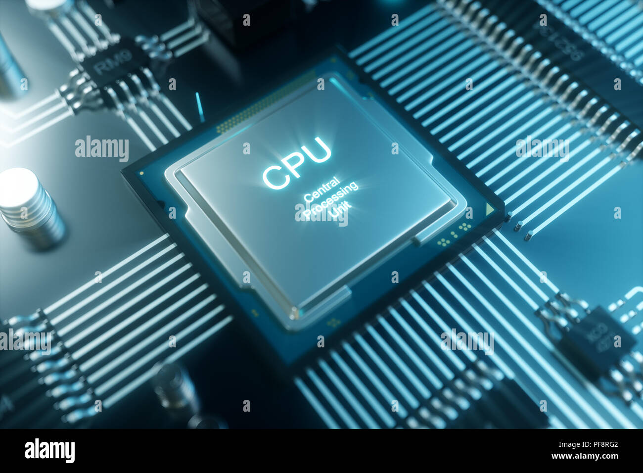 3D illustration computer chip, a processor on a printed circuit board ...