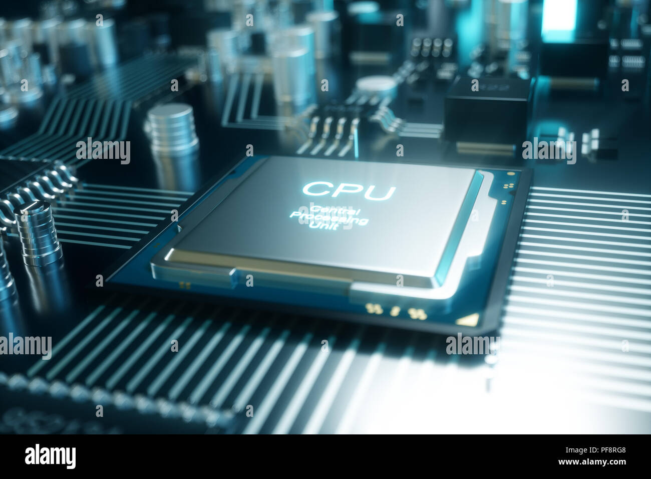 3D illustration computer chip, a processor on a printed circuit board ...