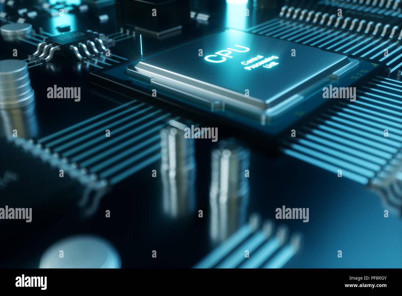 3D illustration computer chip, a processor on a printed circuit board ...