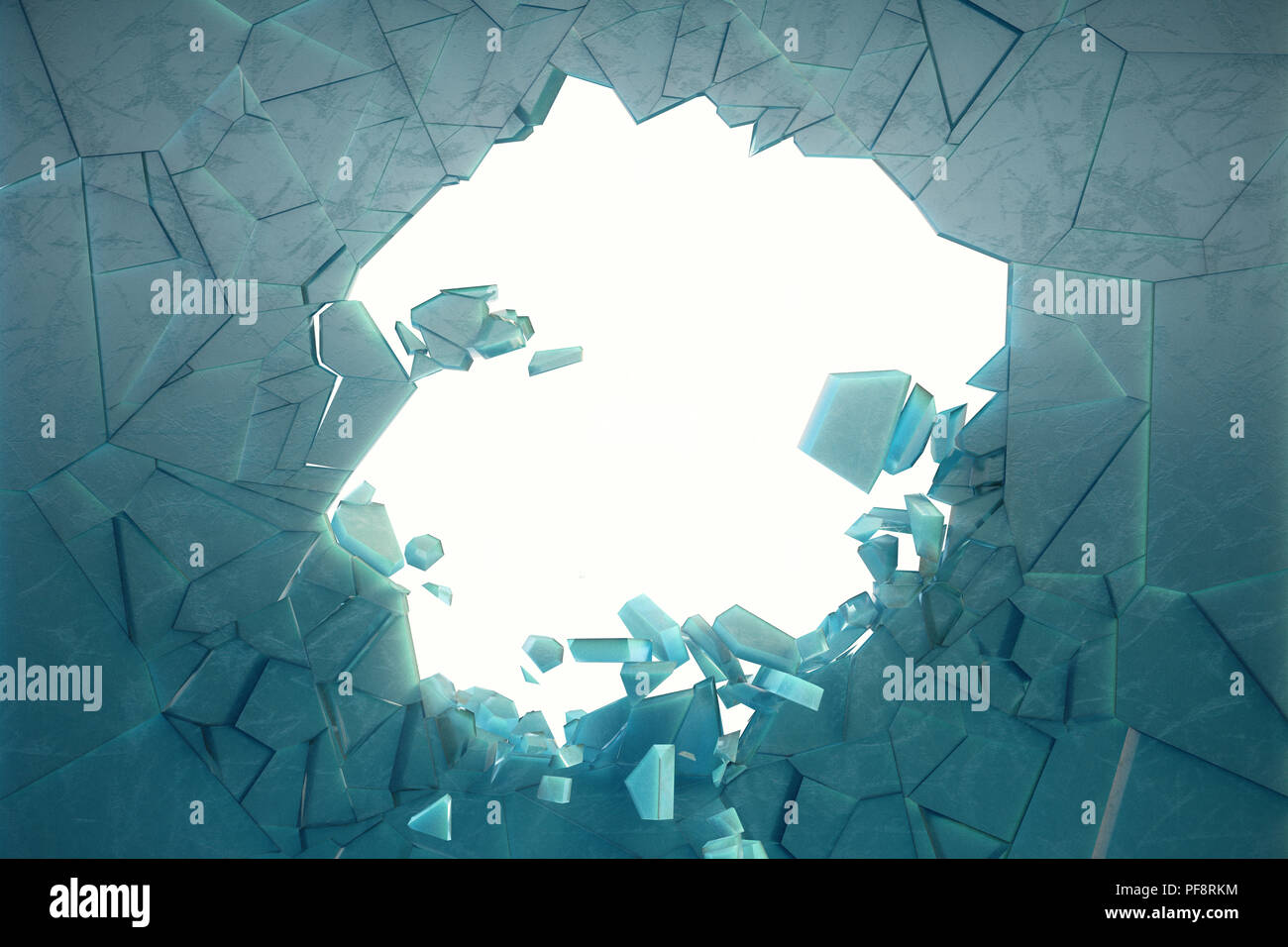 3D illustration wall of ice with a hole in the center of shatters into ...