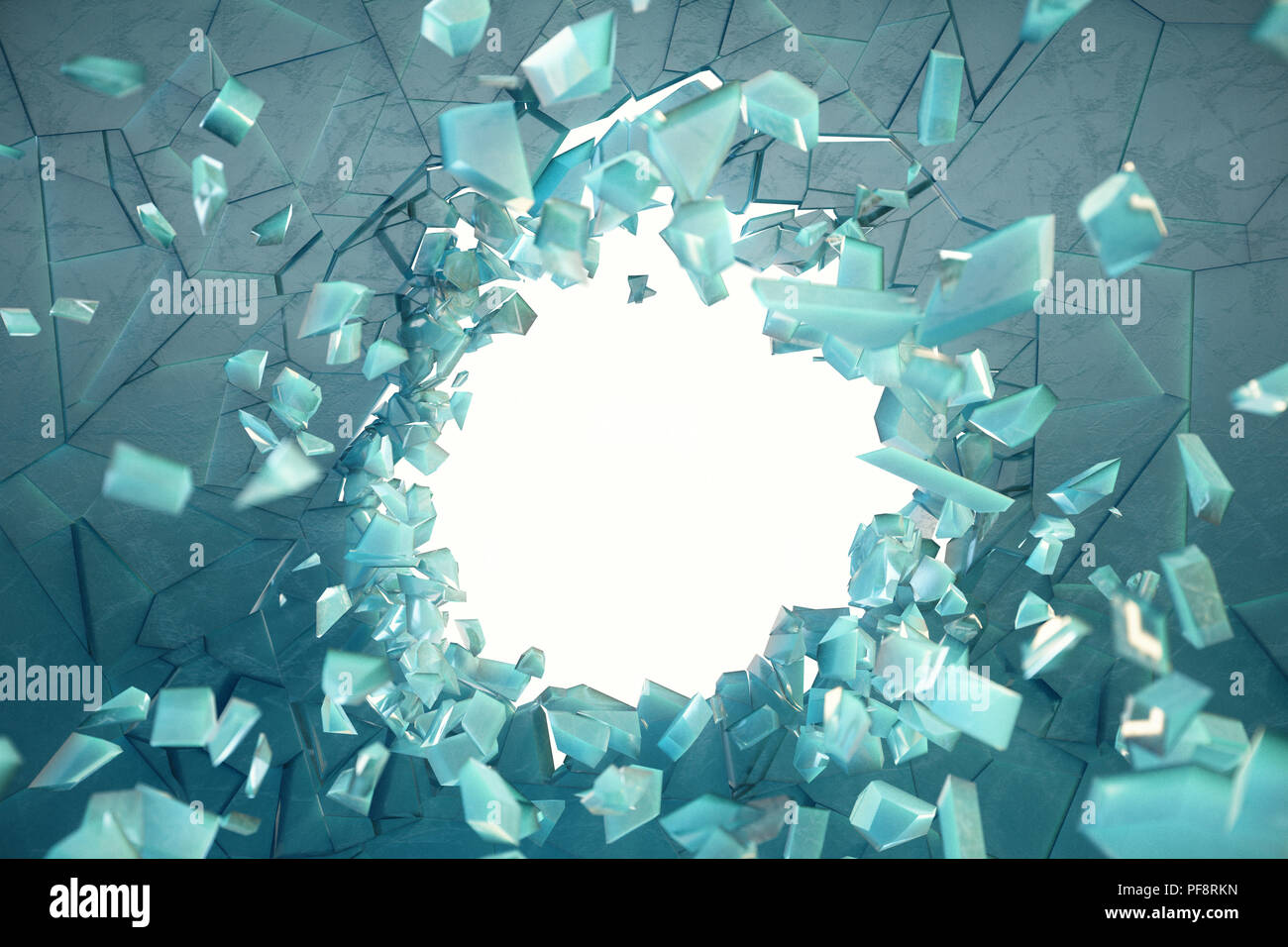 3D illustration wall of ice with a hole in the center of shatters into ...