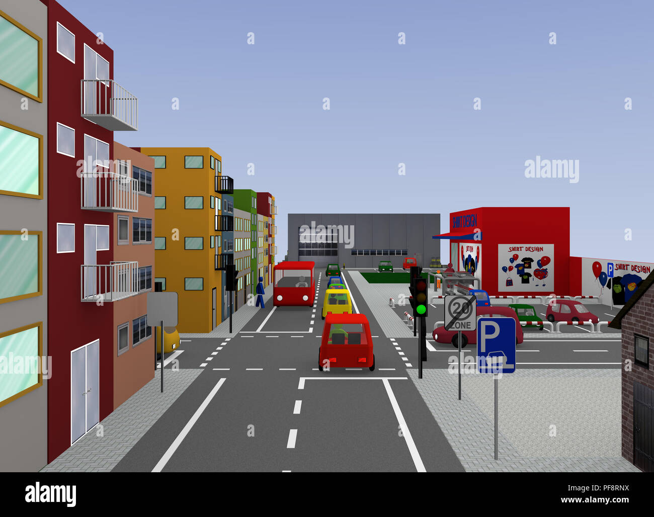 Cityscape with traffic light intersection and street signs: 3d ...