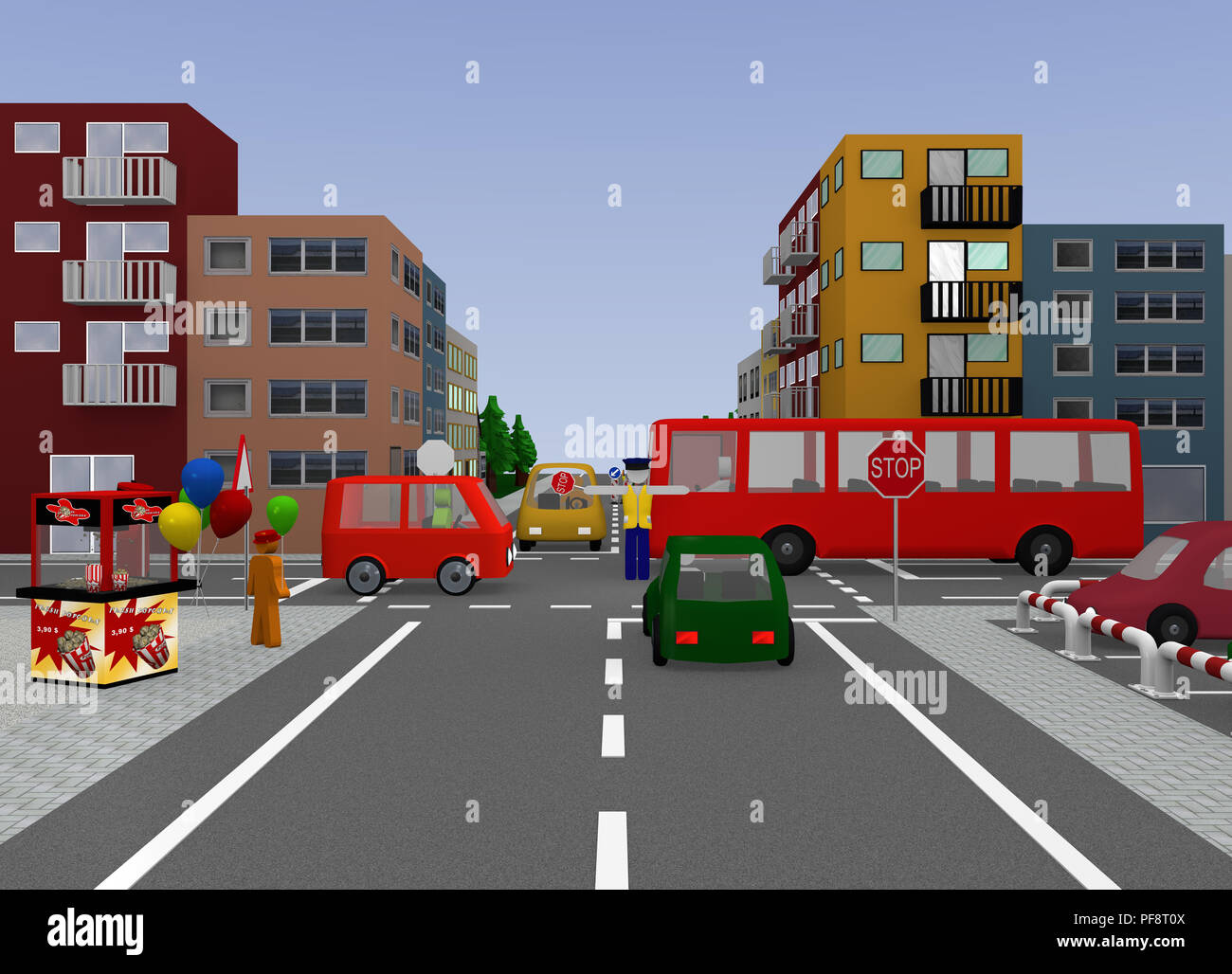 Intersection with traffic control by a police officer. 3d rendering ...