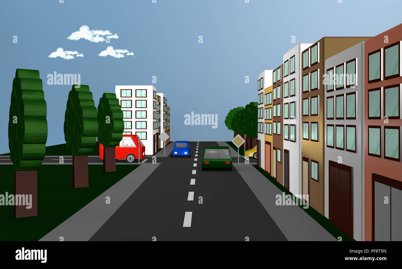 Street scene with cars, houses and the road sign road. 3d rendering ...