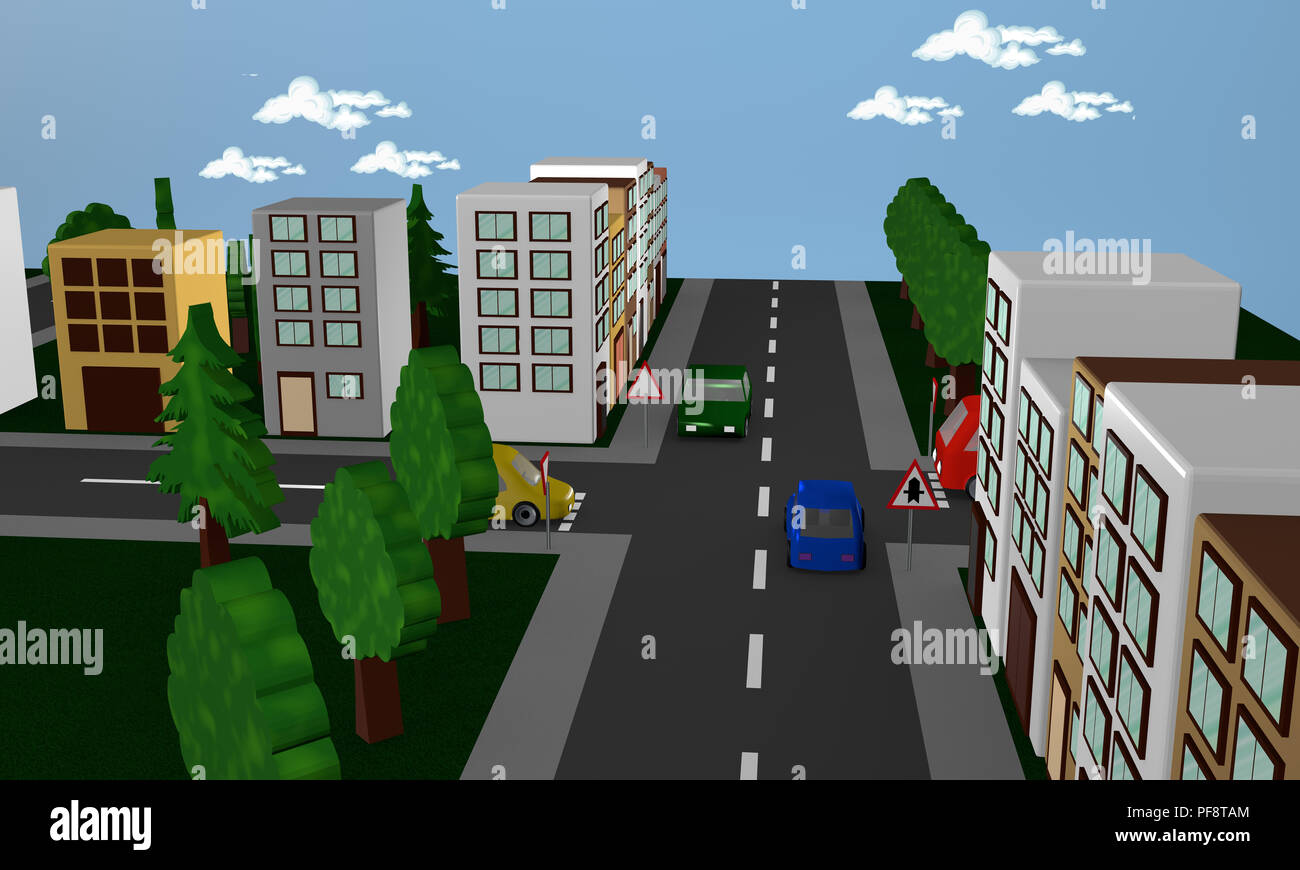 Street scene with cars, houses and the traffic sign driveway. 3d ...