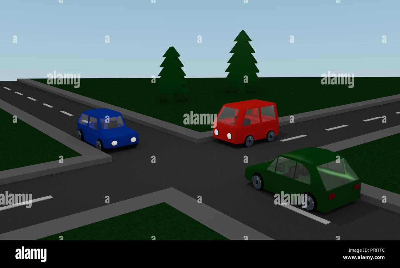 Crossing with colored cars. 3d Rendering Stock Photo - Alamy