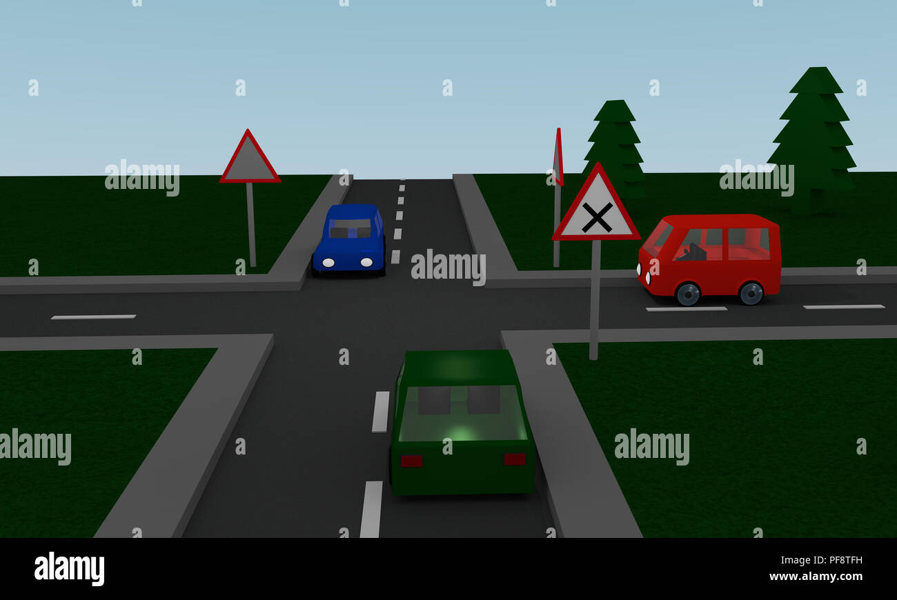 Crossroads with road signs and cars. 3d Rendering Stock Photo - Alamy