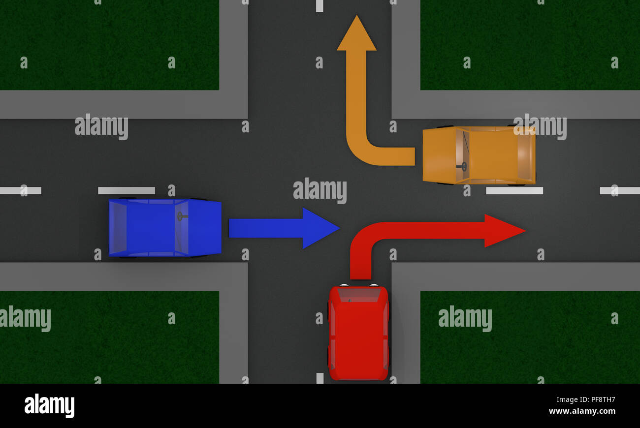 Road crossing with cars and directional arrows. View from above. 3d ...