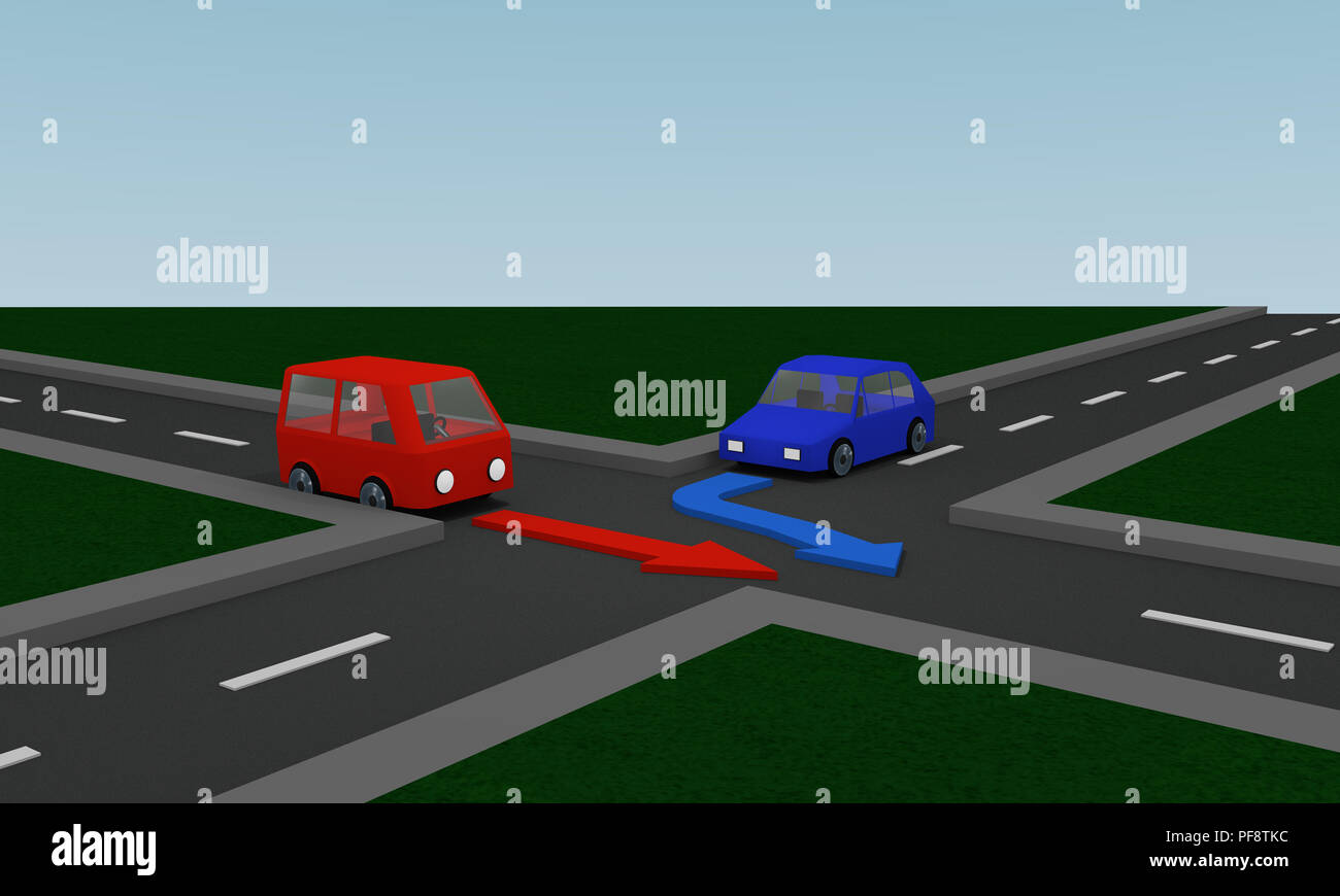 Traffic situation: right before left at a crossroads from a perspective ...