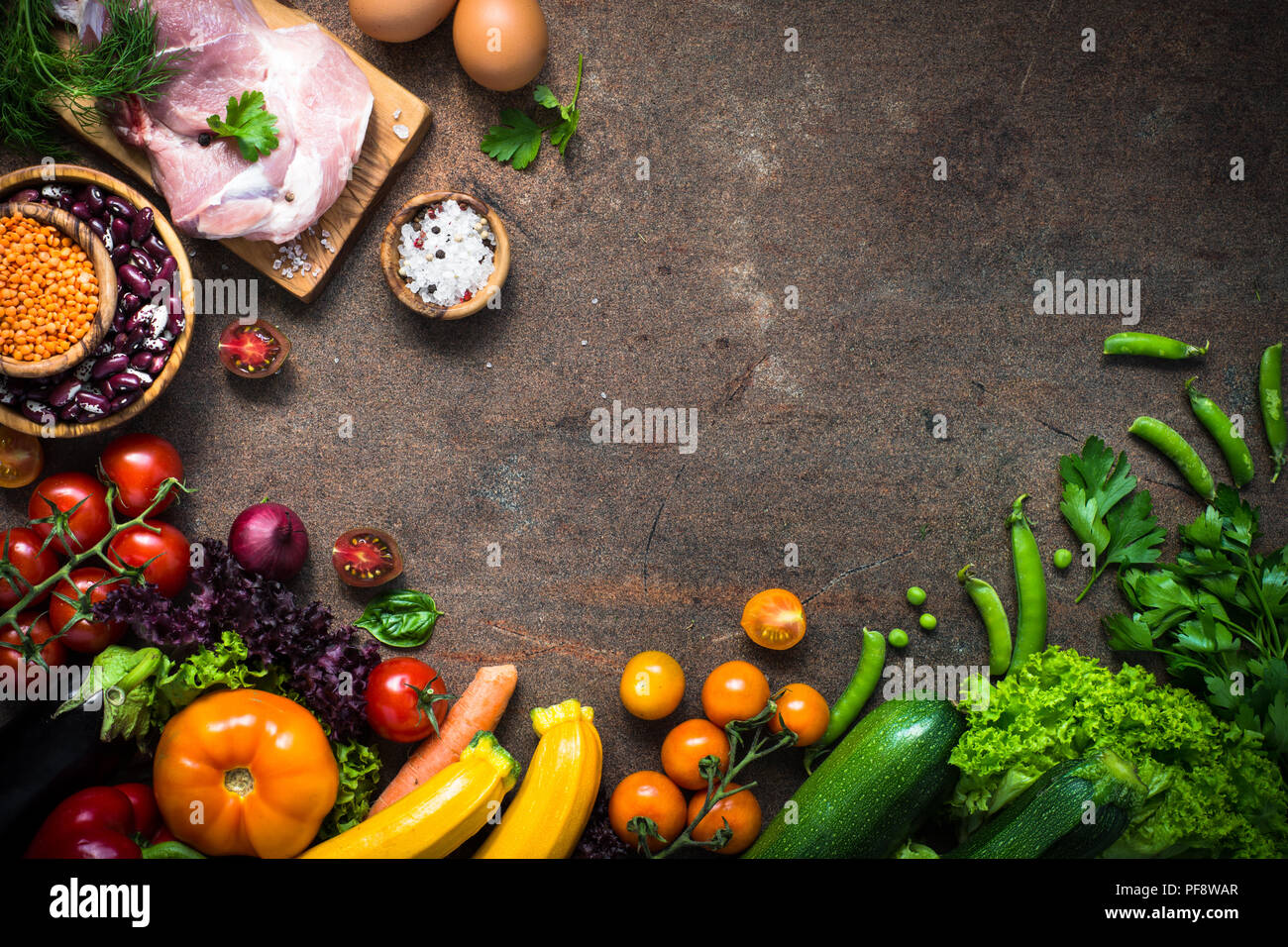 Balanced food background. Organic food for healthy nutrition. Meat ...