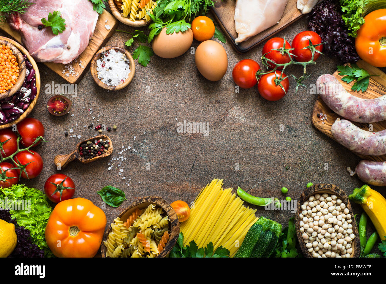 Balanced food background. Organic food for healthy nutrition. Meat ...