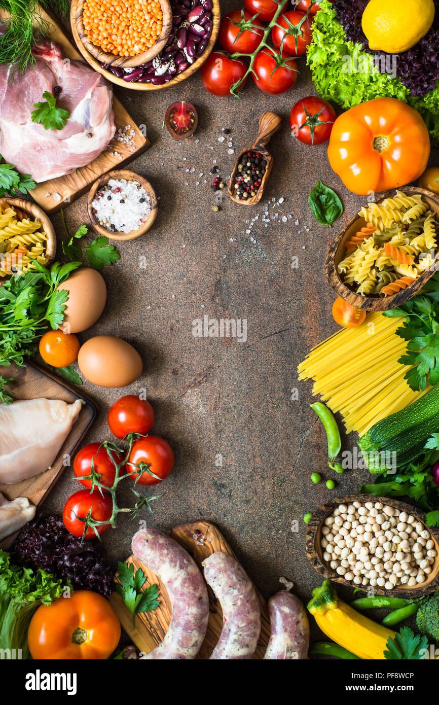 Balanced food background. Organic food for healthy nutrition. Meat ...