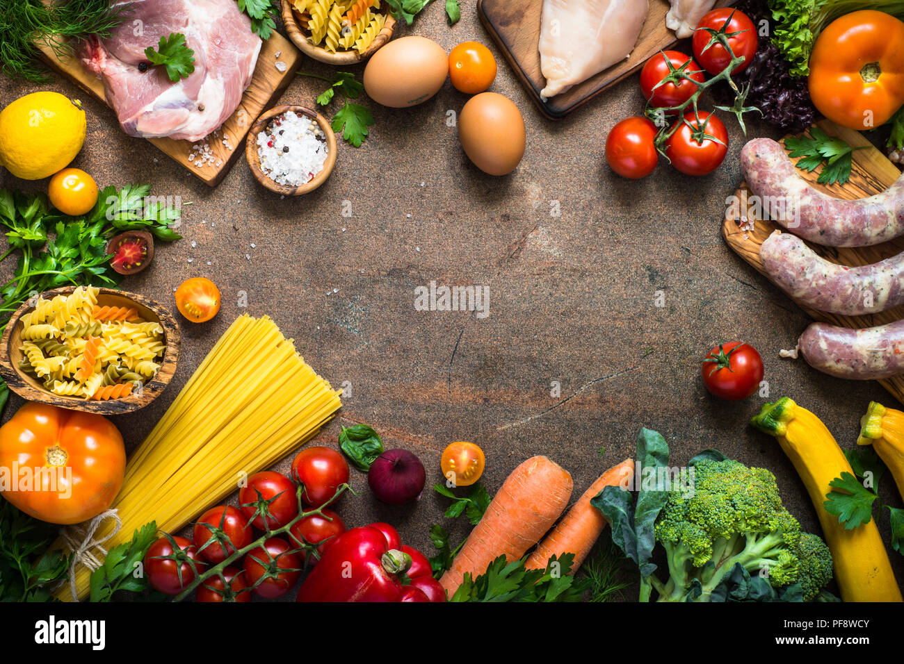 Balanced food background. Organic food for healthy nutrition. Meat ...