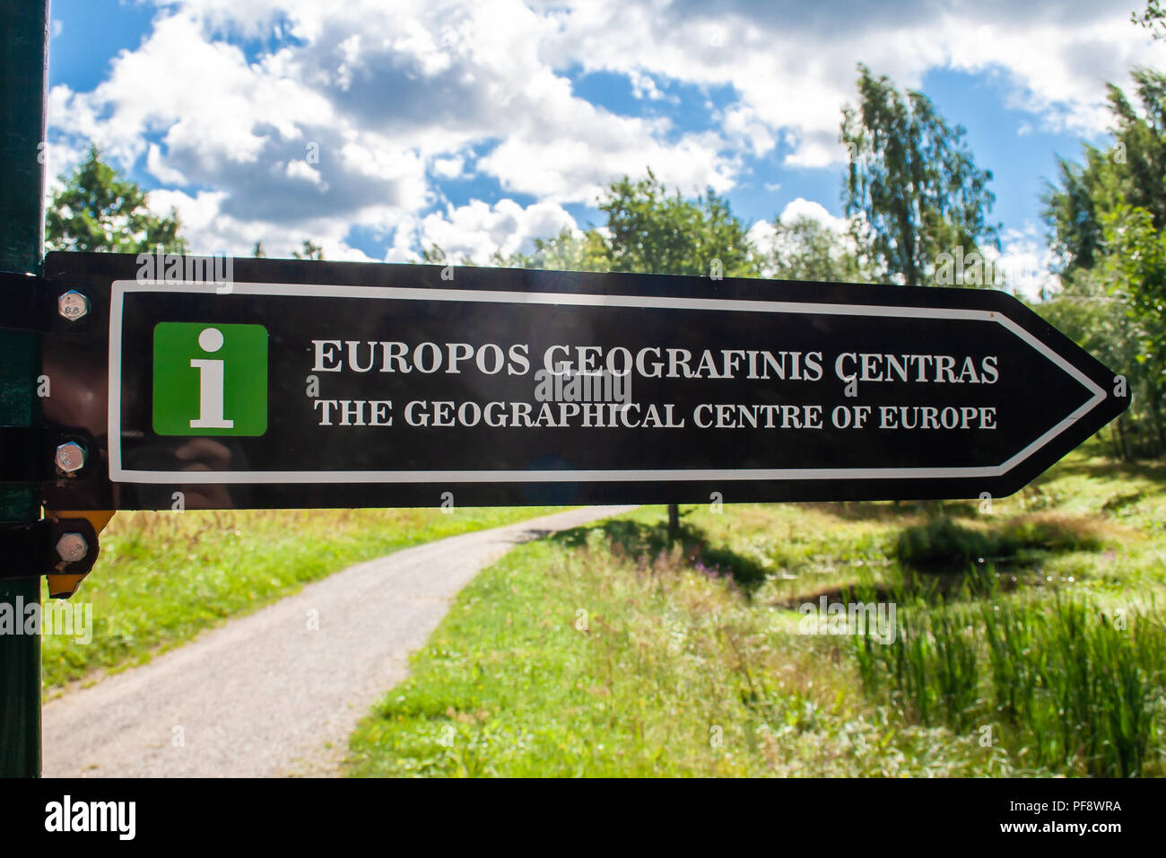 Road sign of geographic centre of Europe, Vilnius, Lithuania Stock ...