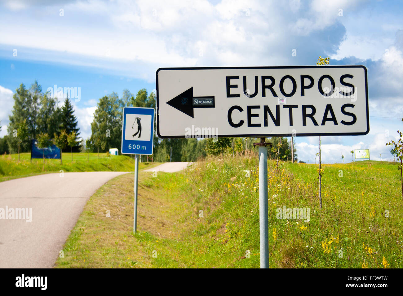 Road sign of geographic centre of Europe, Vilnius, Lithuania Stock ...