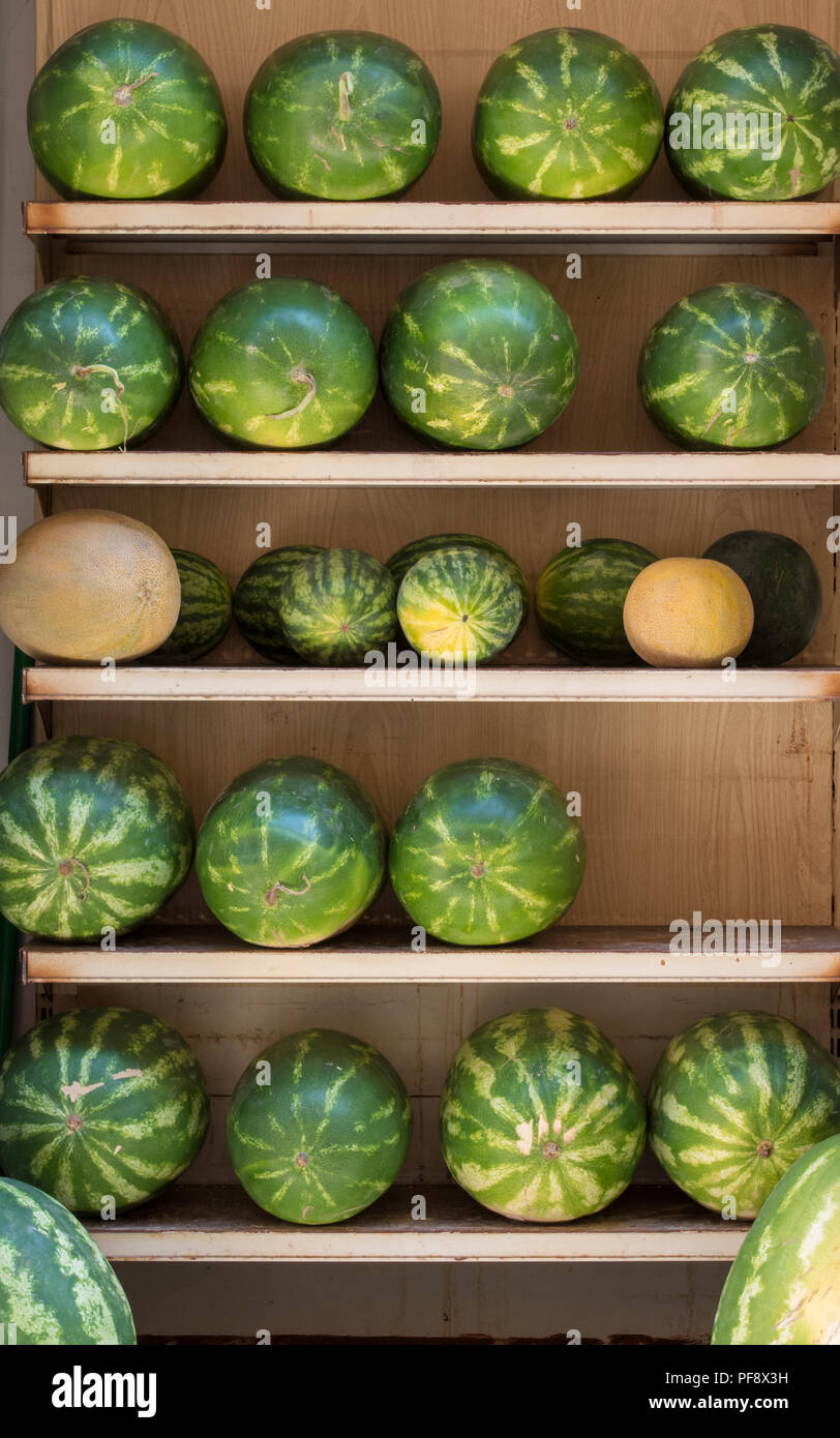 watermelons on shelves in a display at a greengrocers stall Stock Photo ...