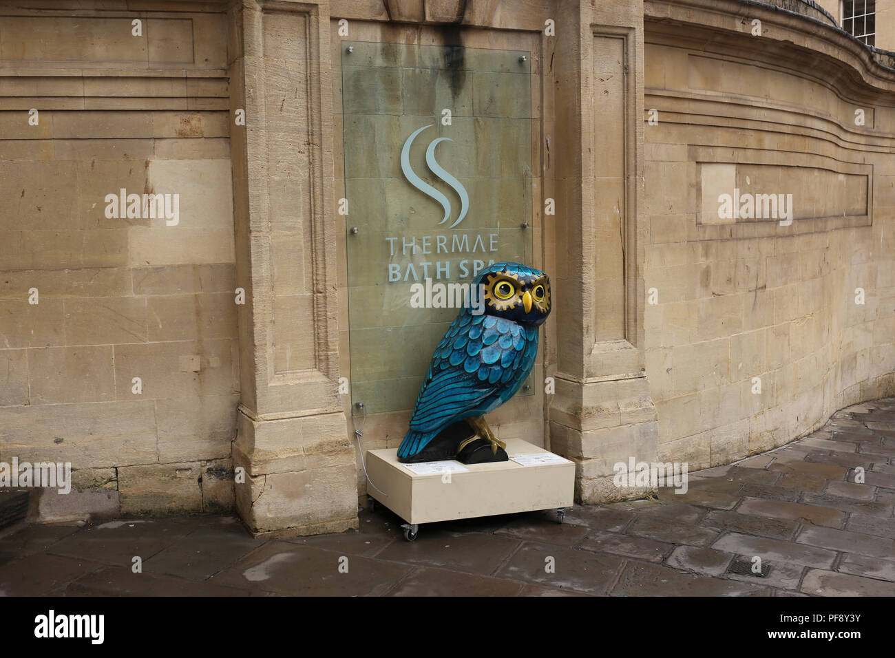 A blue Spokes 'Minerva's" Owl sculpture artwork, outside the Thermae ...