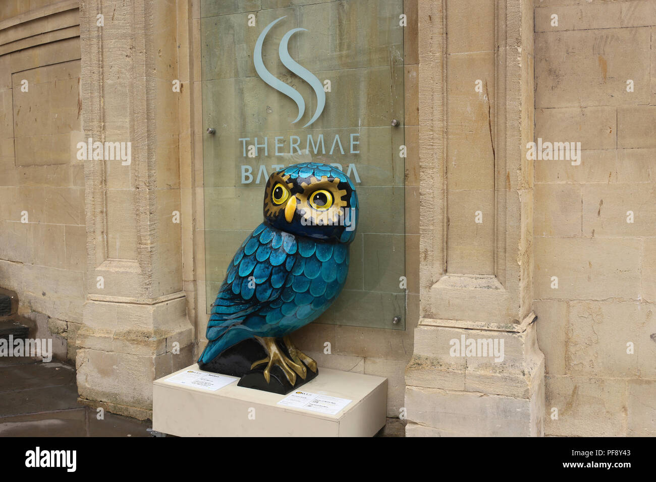A blue Spokes 'Minerva's" Owl sculpture artwork, outside the Thermae ...