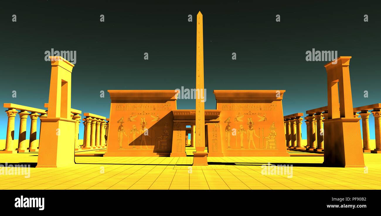 Egyptian Pharaonic Temple - A tall obelisk towers in front of a temple ...