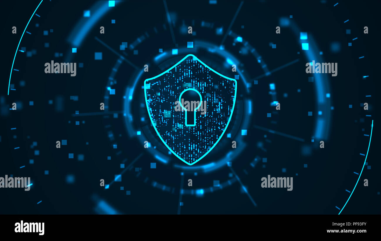 Cyber security concept: Shield With Keyhole icon on digital data background. . Blue abstract hi ...