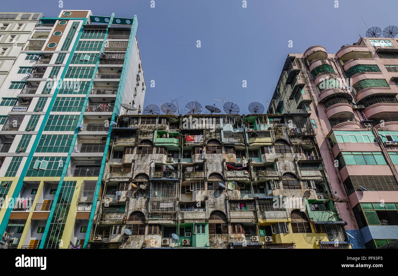 Yangon, Myanmar - Feb 1, 2017. Old apartments in Yangon, Myanmar ...