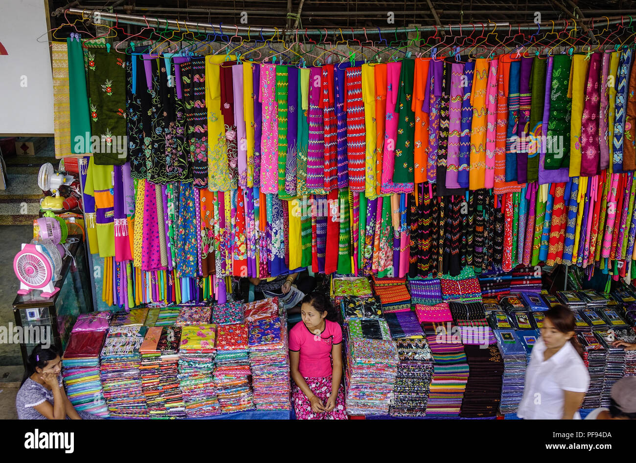 Yangon, Myanmar - Feb 1, 2017. Textile market in Yangon, Myanmar ...