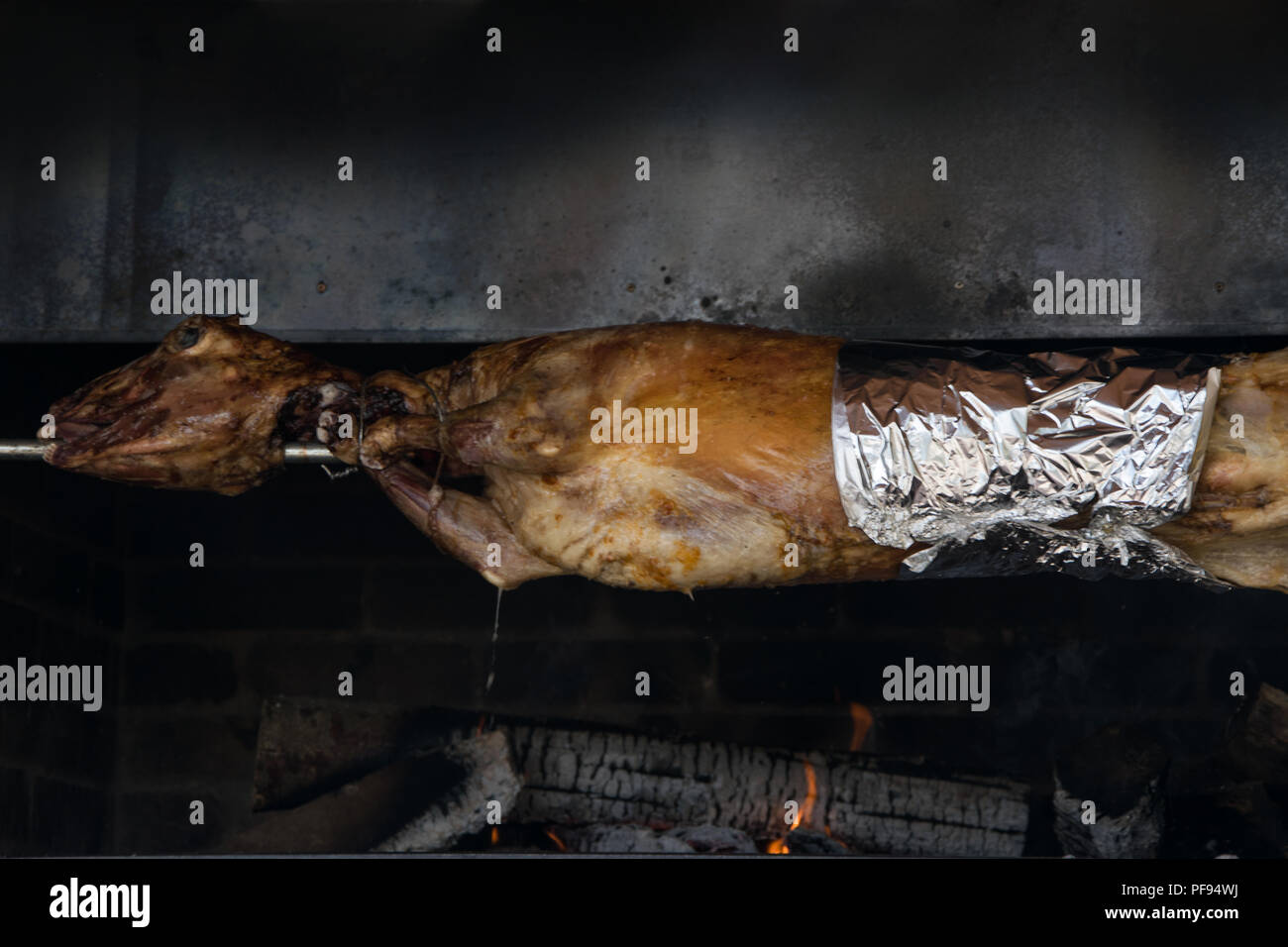 Traditional way of cooking a whole animal (lamb, goat) - roasting an ...