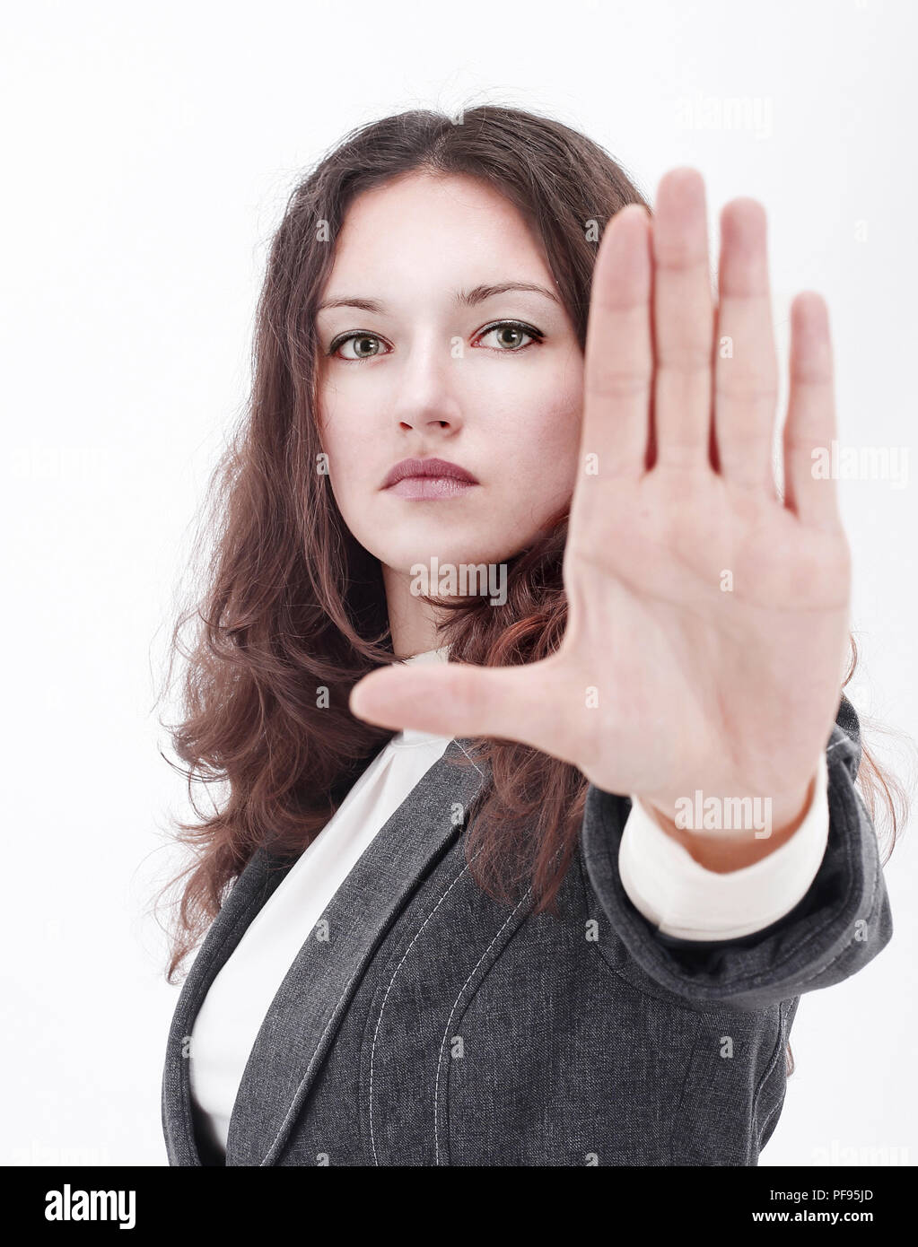 closeup.business woman showing stop gesture.isolated on a white Stock ...