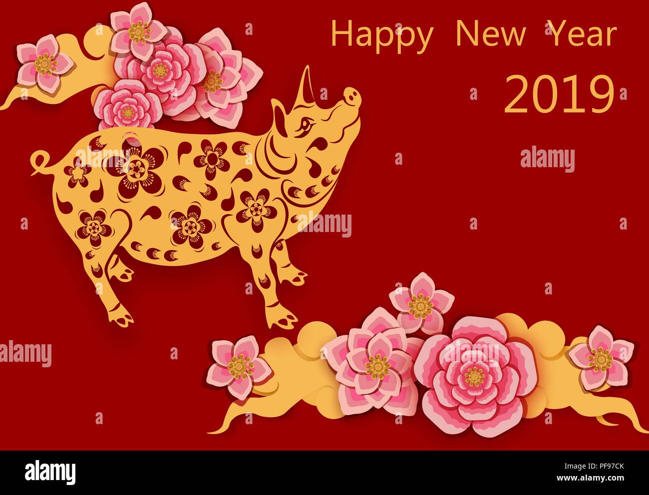 Zodiac Pigs. Chinese New Year. Picture of a pig, sakura flowers ...