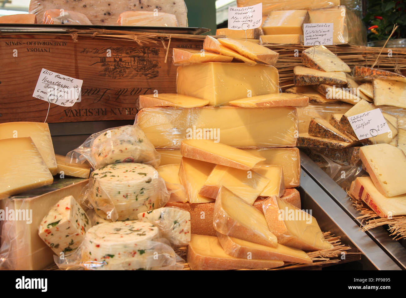 Munich, Germany - 10/15/2016: Cheese display in cheese shop at Victuals ...