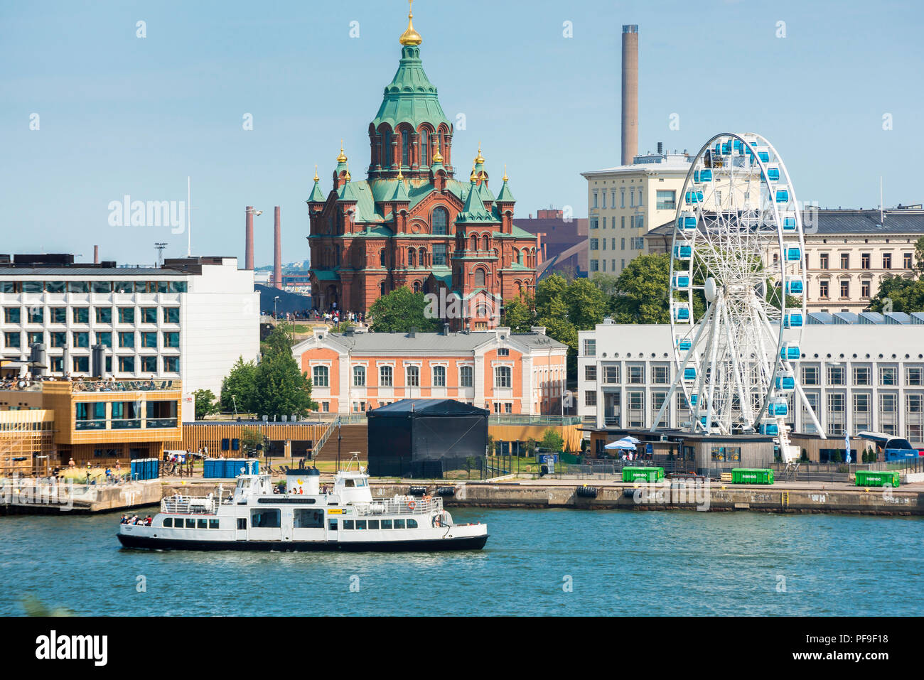 Helsinki cityscape, view of a ferry ship sailing through Helsinki ...
