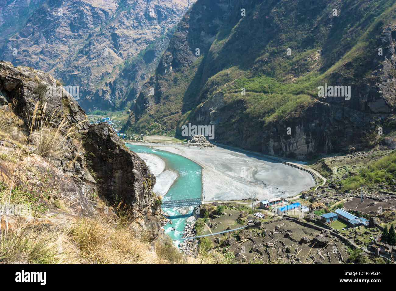 Mountain river near the village of Tal on a Sunny spring day, Nepal ...