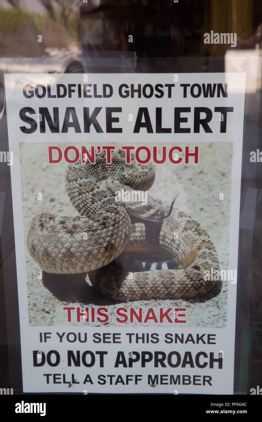Beware of snakes sign in Goldfield Ghost town, Apache Junction, Arizona ...