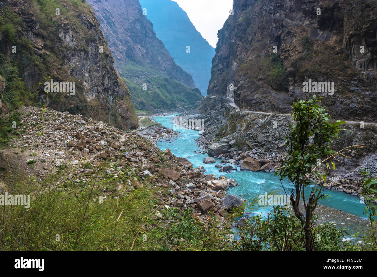 Mountain river in a deep gorge on a spring day, Himalayas, Nepal Stock ...