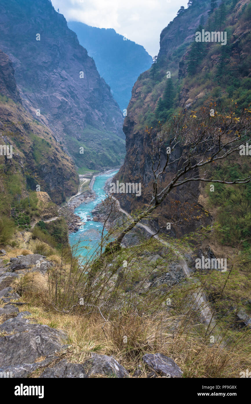 Mountain river in a deep gorge on a spring day, Himalayas, Nepal Stock ...