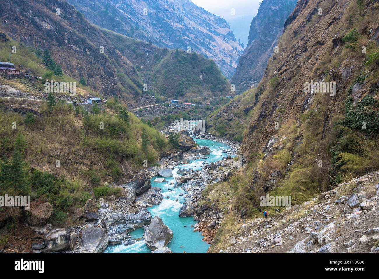 Mountain river in a deep gorge on a spring day, Himalayas, Nepal Stock ...