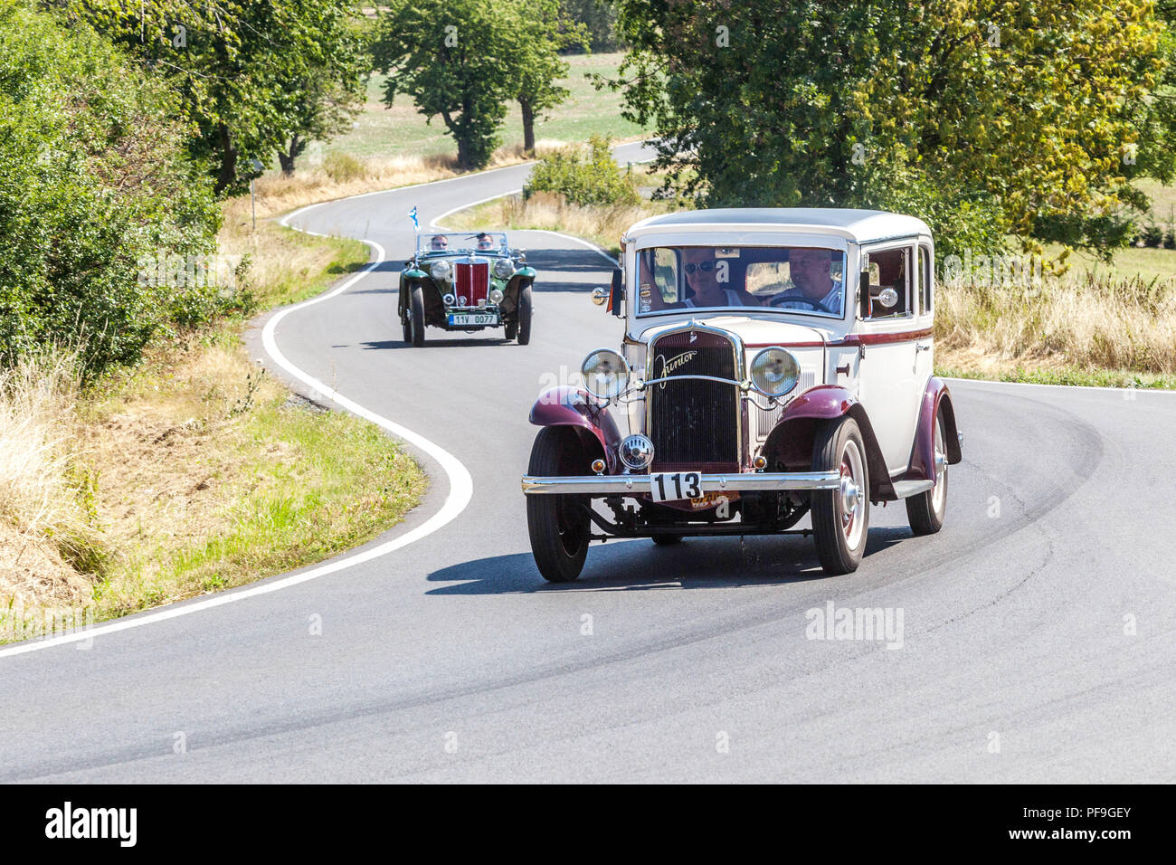 Walter Junior (1933), Oldtimer car run on a rural road, Czech Republic ...