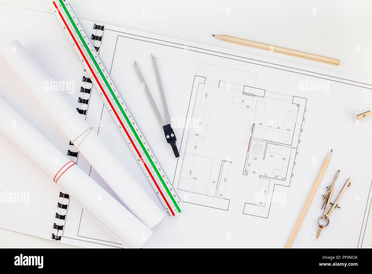 Creative flat lay overhead top view blueprints architectural flat ...