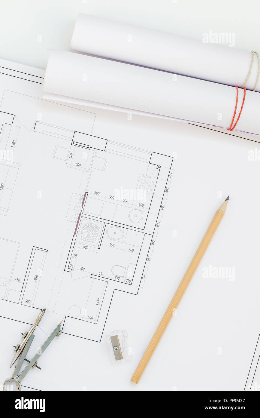 Creative flat lay overhead top view blueprints architectural flat ...